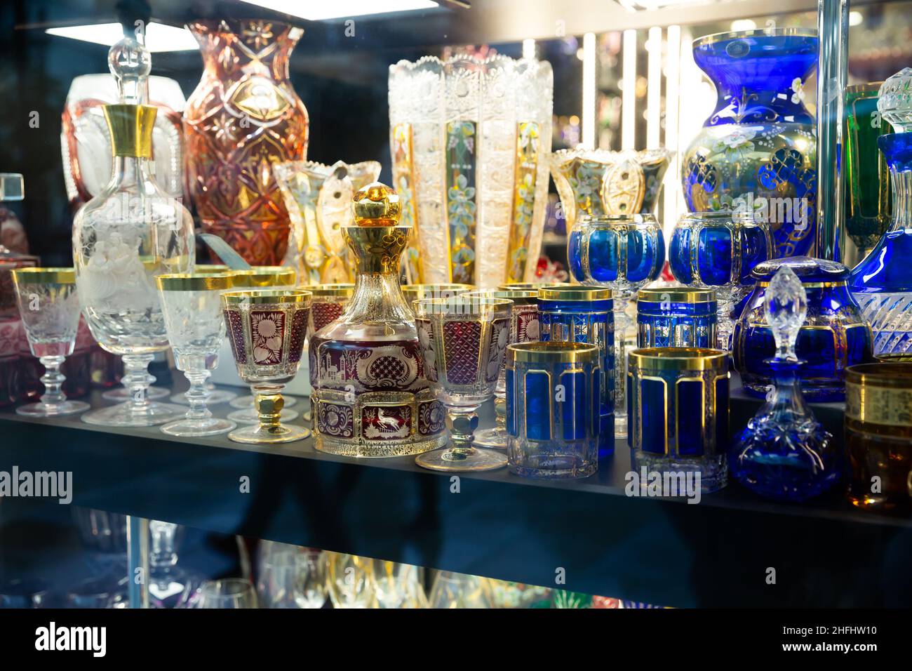 Bohemian glassware on showcase of boutique Stock Photo - Alamy