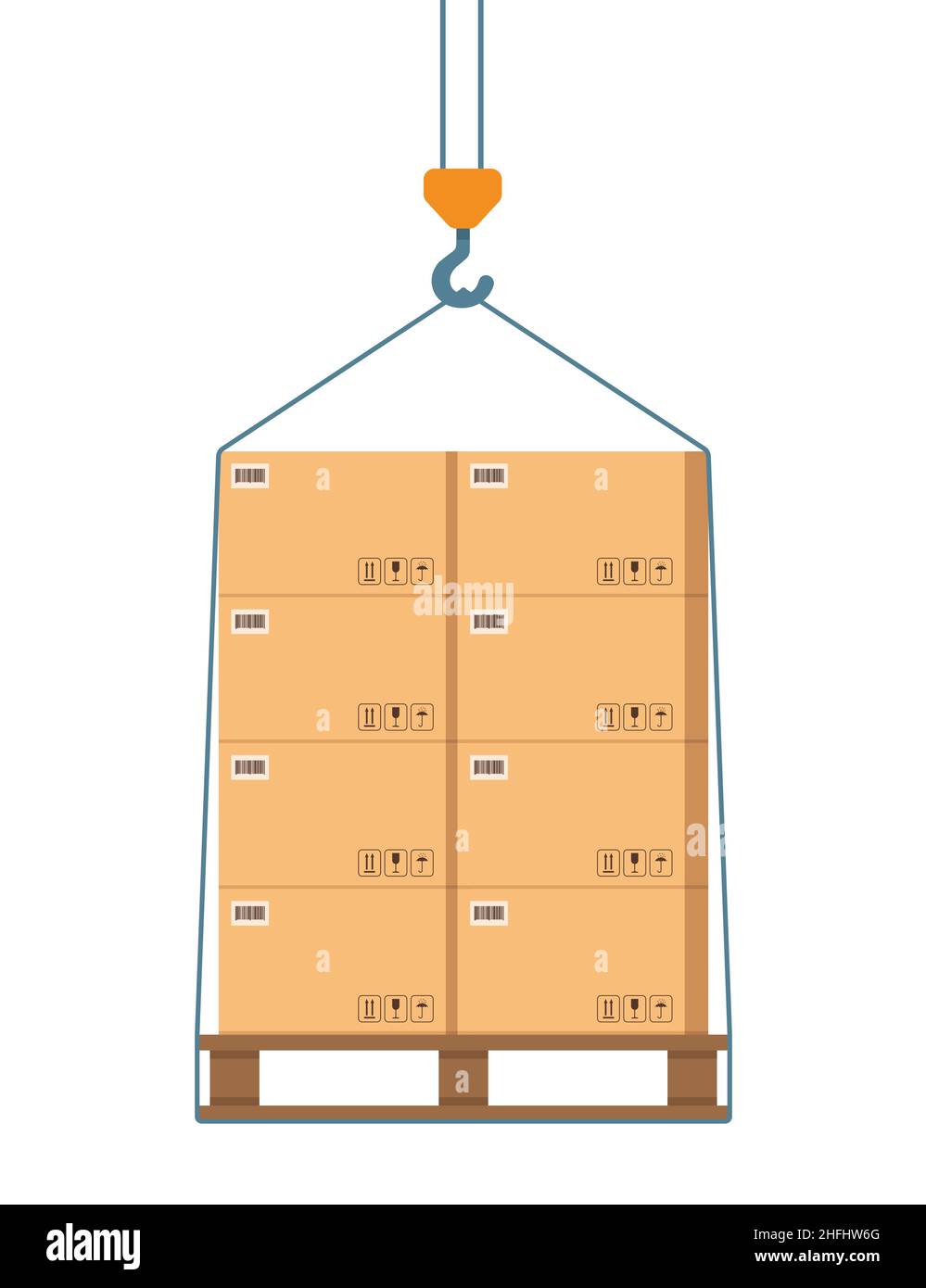 Boxes on a pallet are lifted with a crane hook. Beige cardboard closed ...