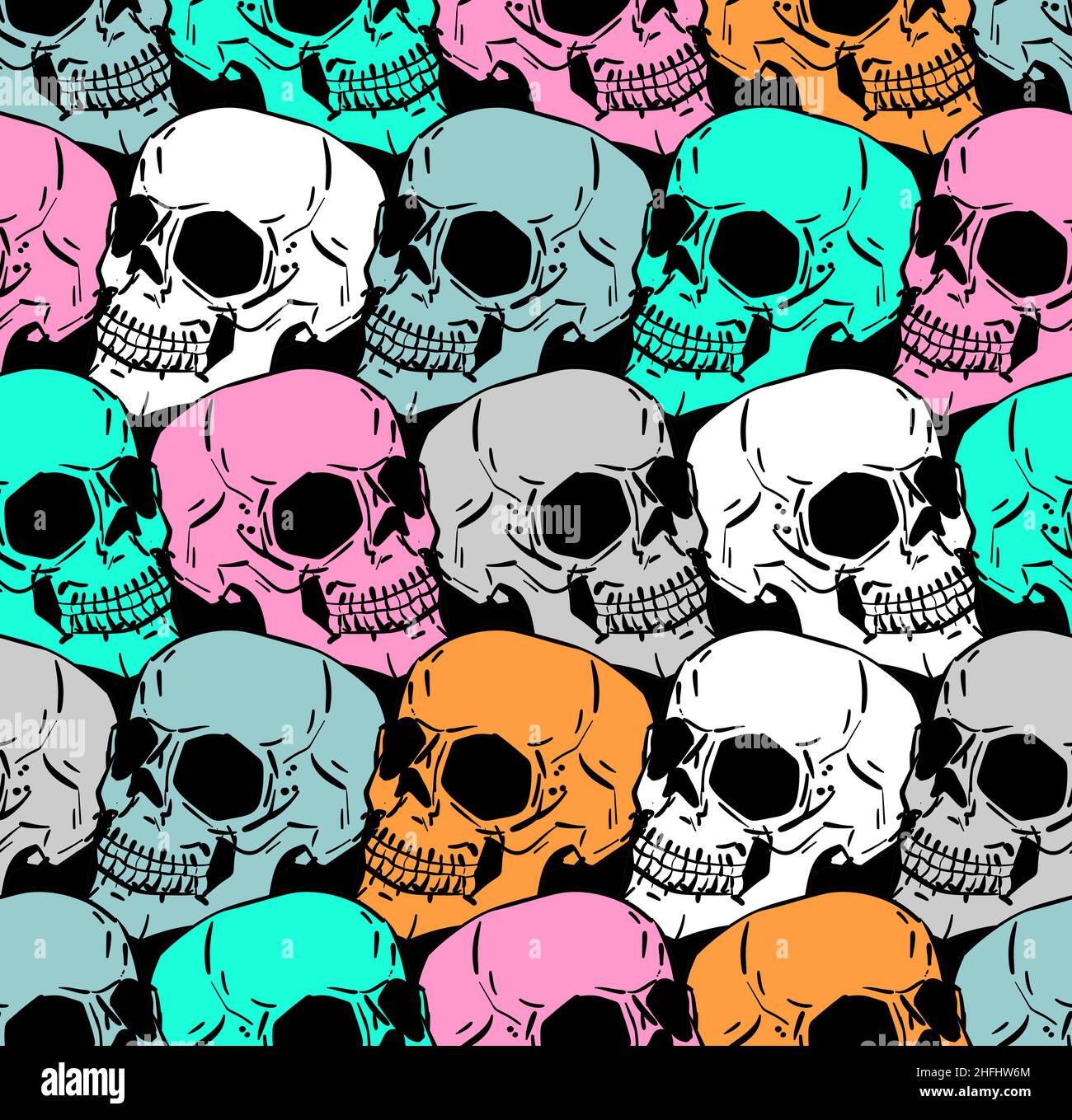 Colored Skull pattern seamless. Hand drawing Multicolored Skeleton head ...
