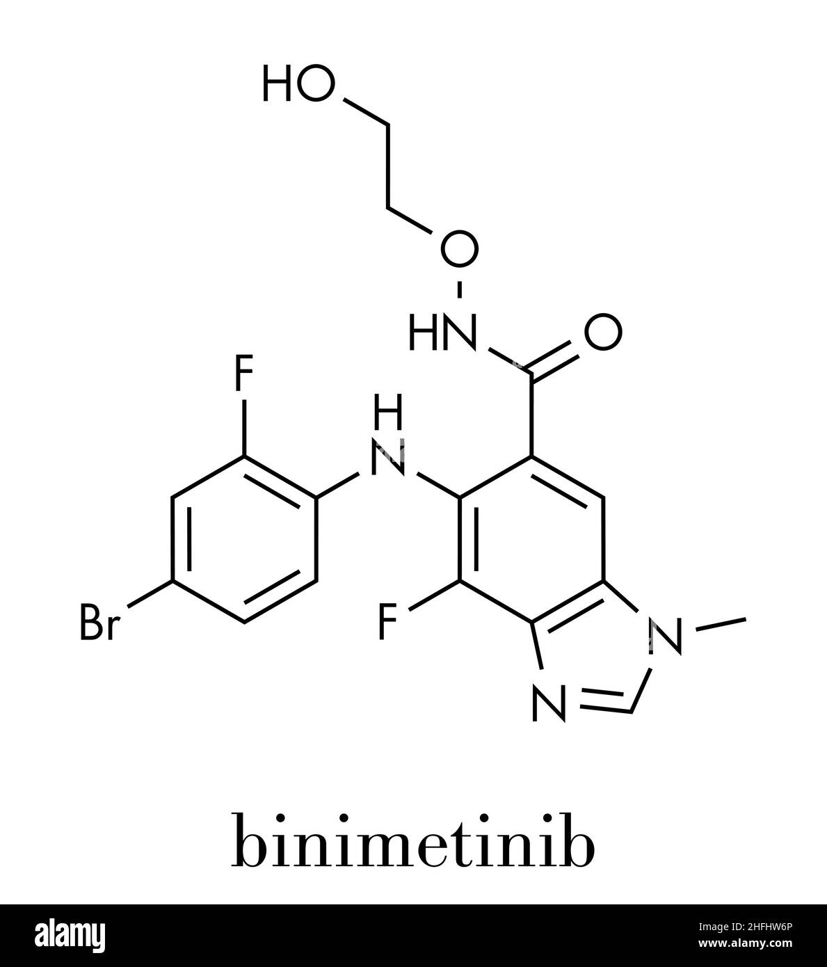 Binimetinib cancer drug molecule (MEK inhibitor). Skeletal formula ...