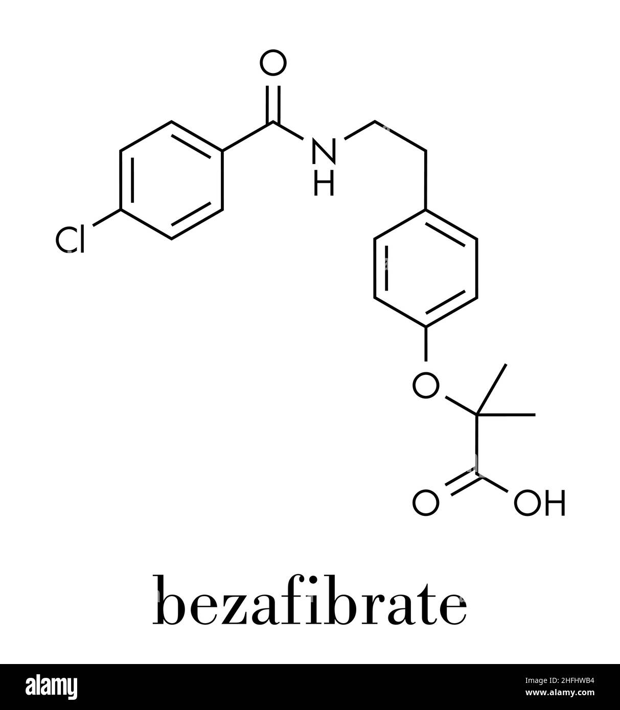 Bezafibrate hyperlipidemia drug molecule (fibrate class). Skeletal ...