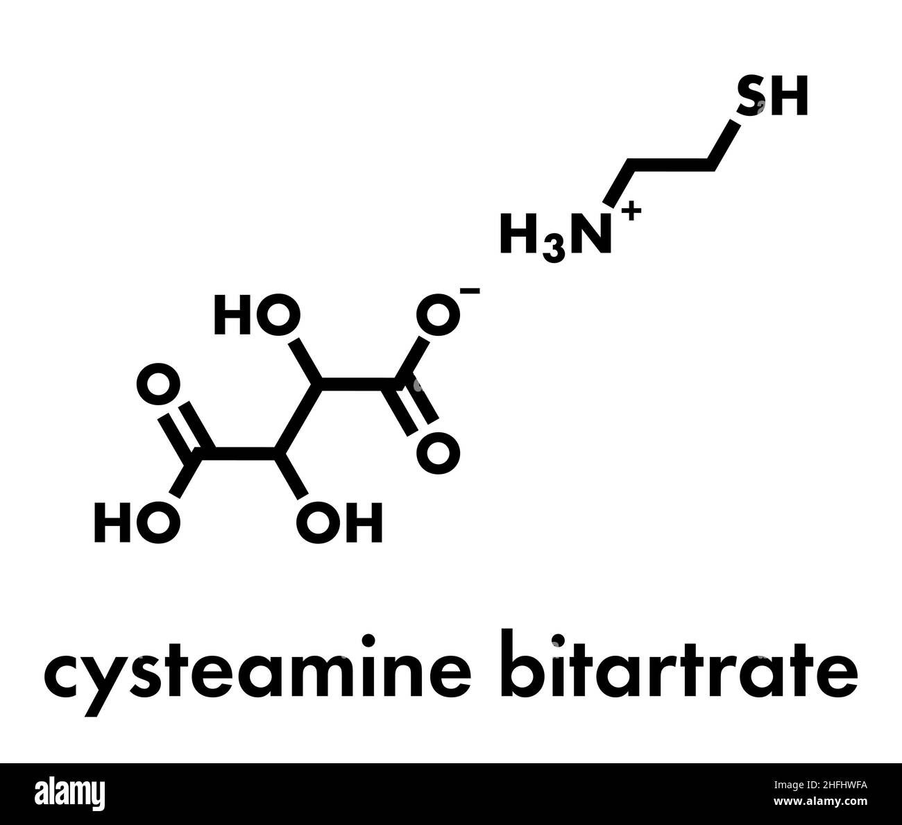 Cysteamine bitartrate Huntington's disease drug molecule. Skeletal ...