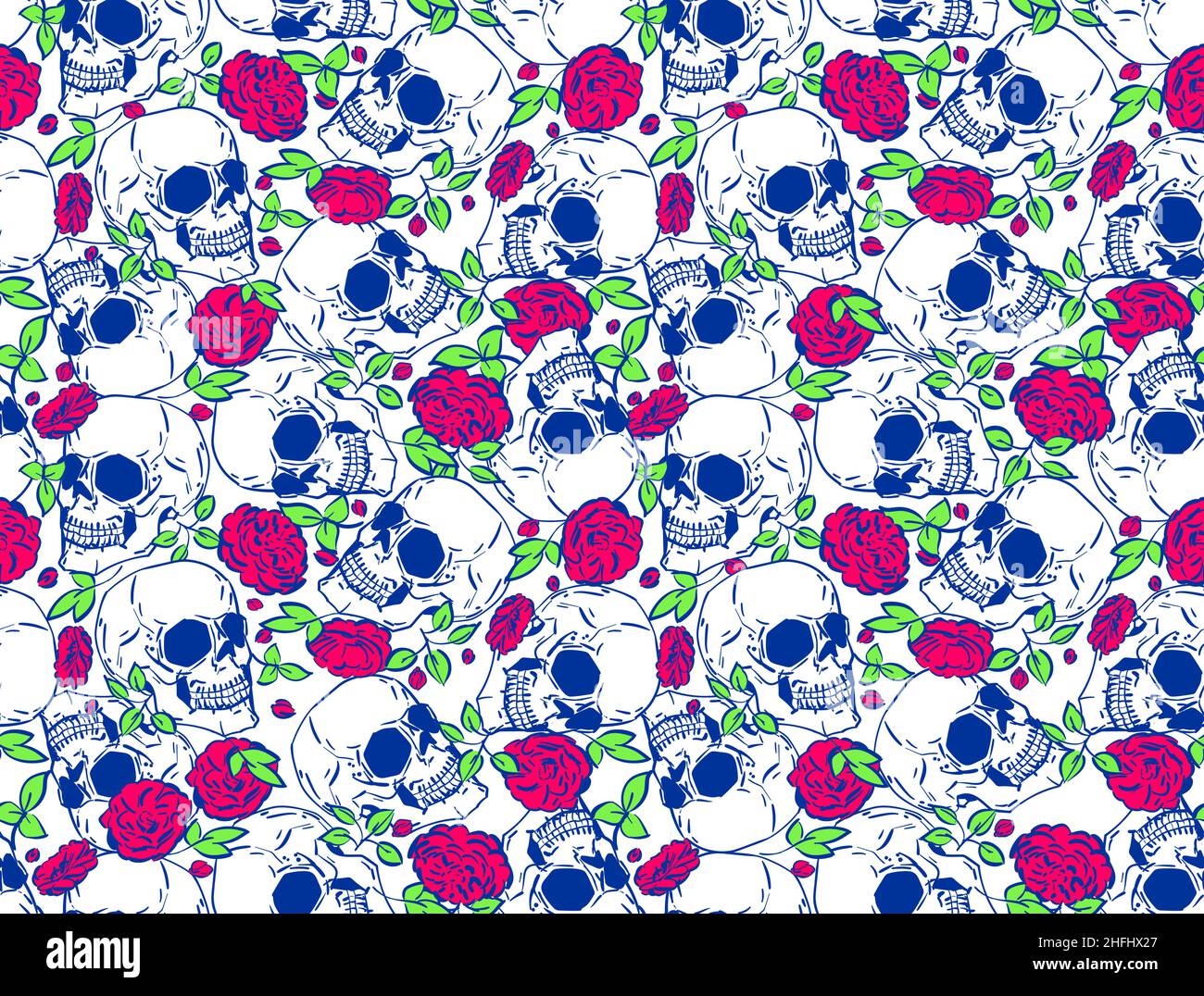 Skull and flower pattern seamless. Hand drawing Skeleton and roses ...