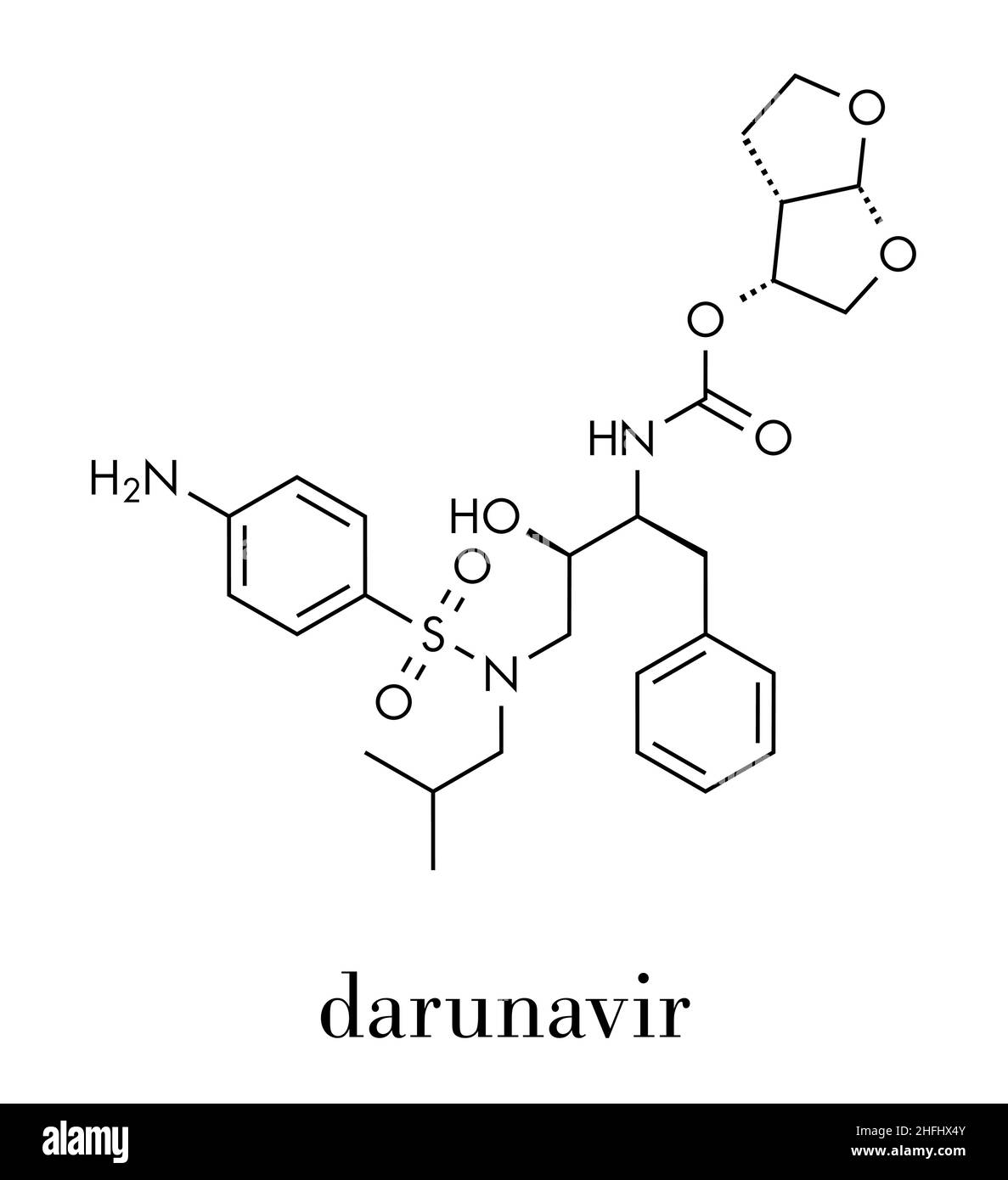 Darunavir HIV drug (protease inhibitor class) molecule. Skeletal ...