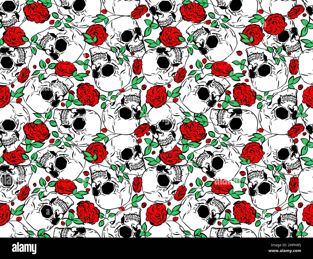 Skull and flower pattern seamless. Hand drawing Skeleton and roses ...