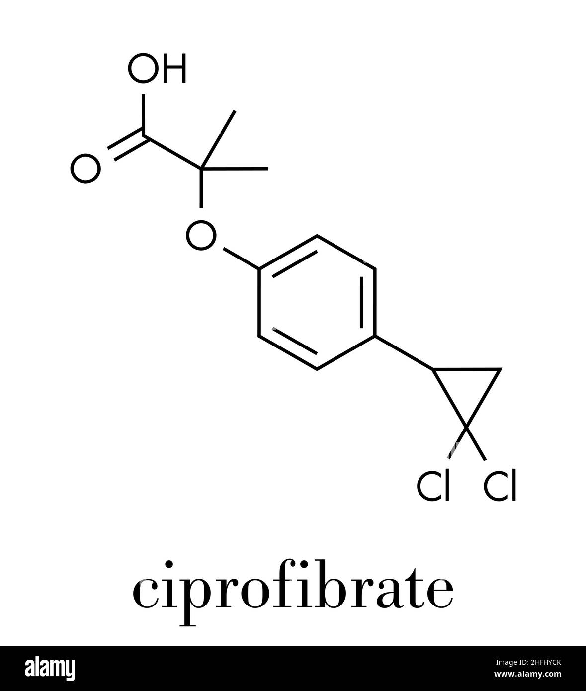 Ciprofibrate hyperlipidemia drug molecule (fibrate class). Skeletal ...