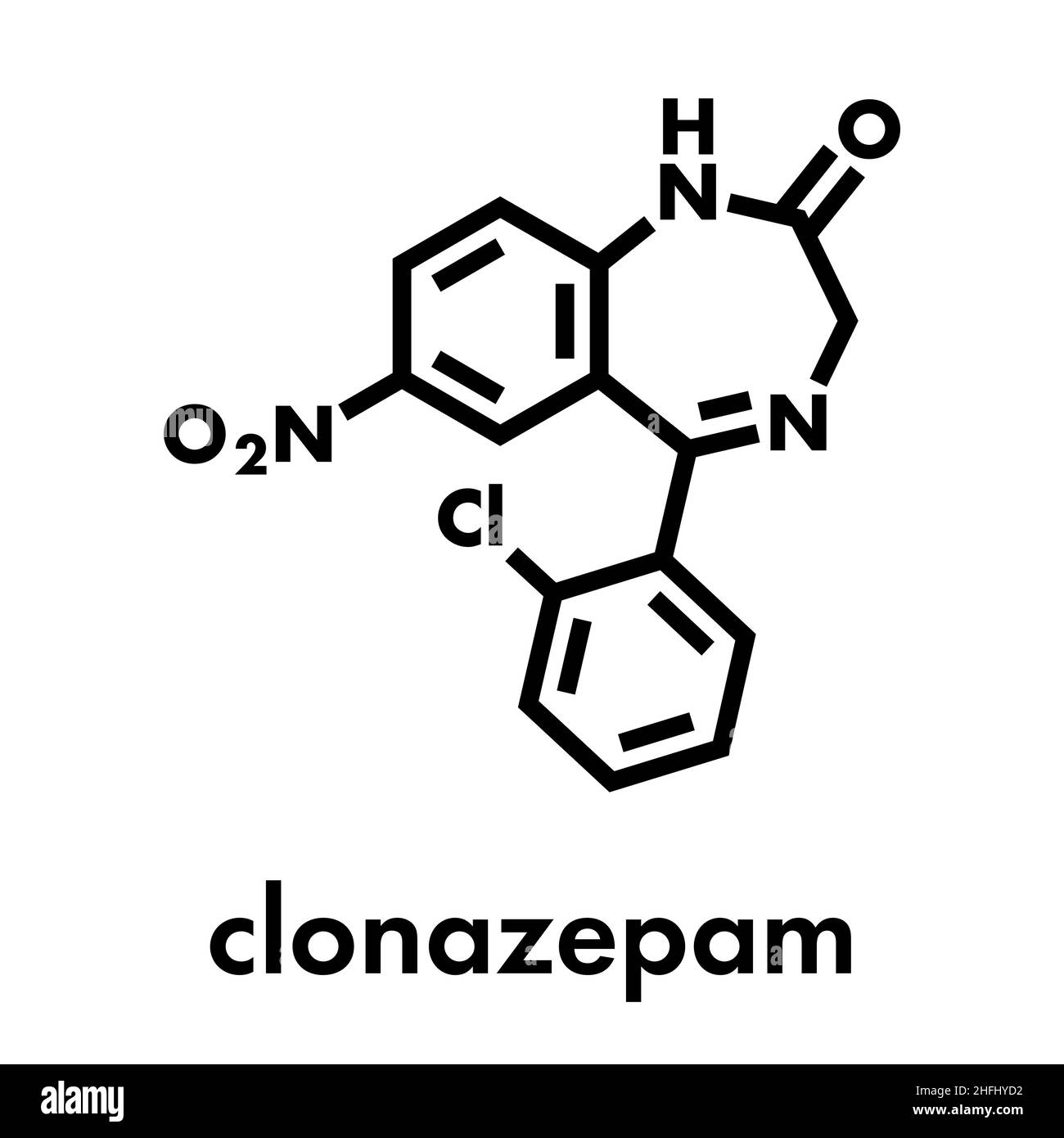 Clonazepam benzodiazepine drug molecule. Used in treatment of seizures ...