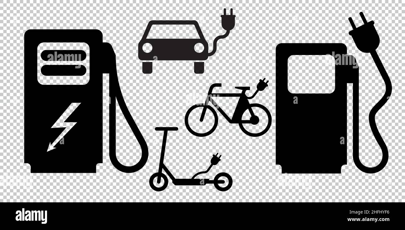 Electric mobility icon set. Electric car, automobile cable contour and ...