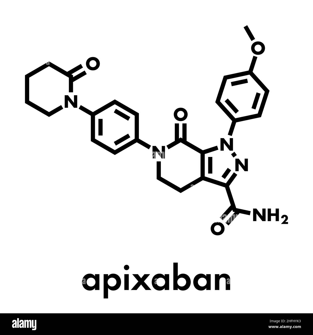 Apixaban anticoagulant drug molecule (direct FXa inhibitor). Skeletal ...