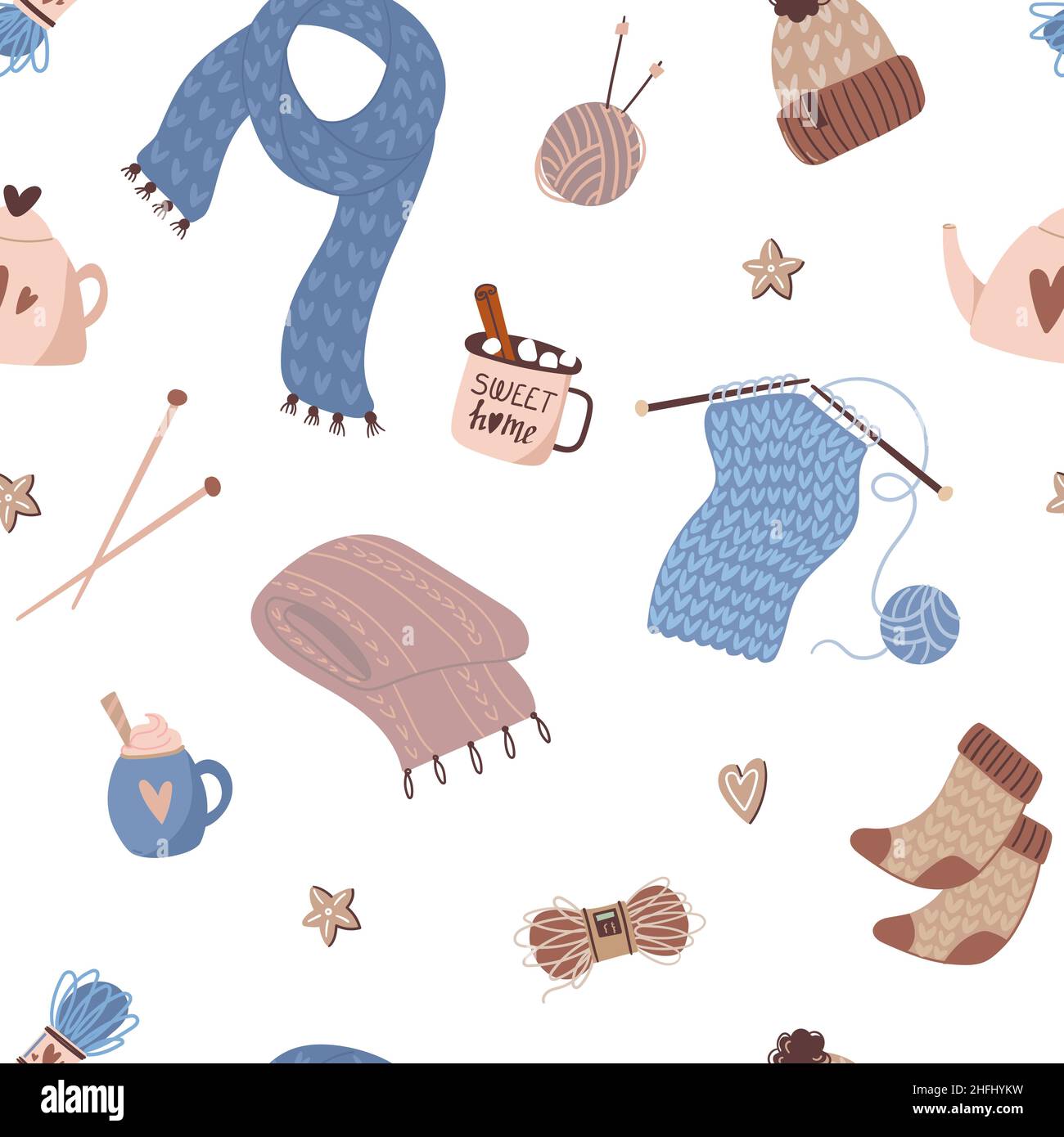 Cozy seamless pattern in hygge style. Pattern with knitting and coffee ...