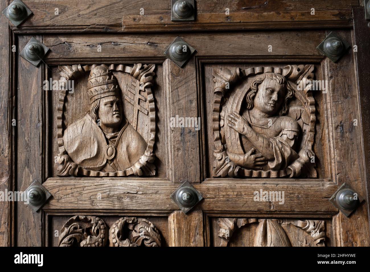 Carved wooden door of the Cathedral of Santa María de Tui along the ...