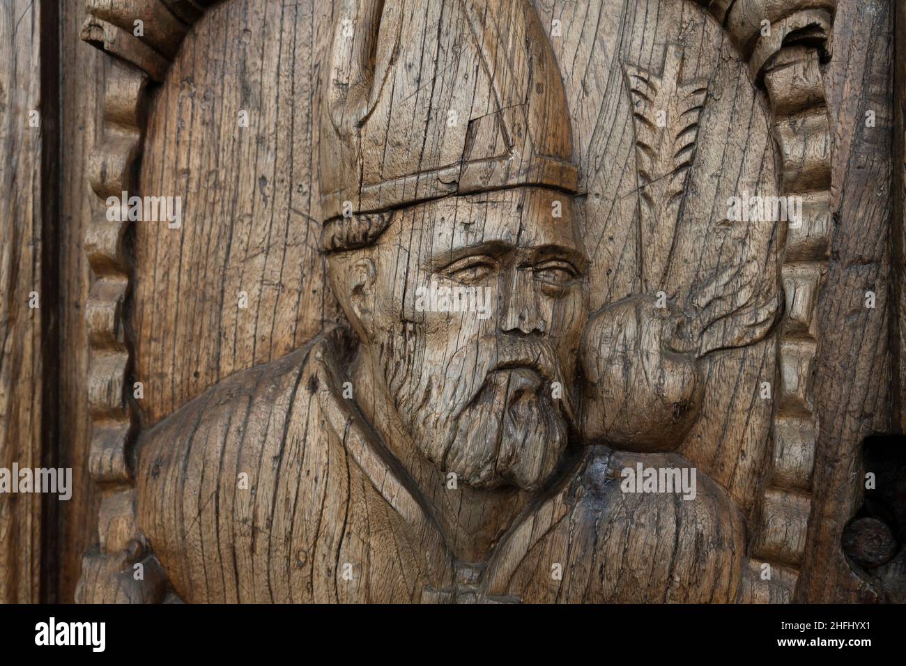 Carved wooden door of the Cathedral of Santa María de Tui along the ...