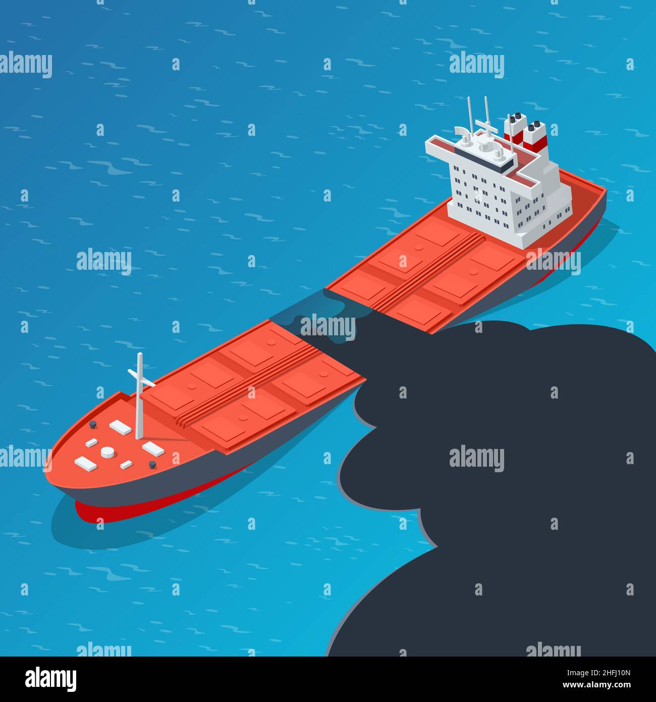 Isometric concept of oil spill on the water after crash and sink of the ...