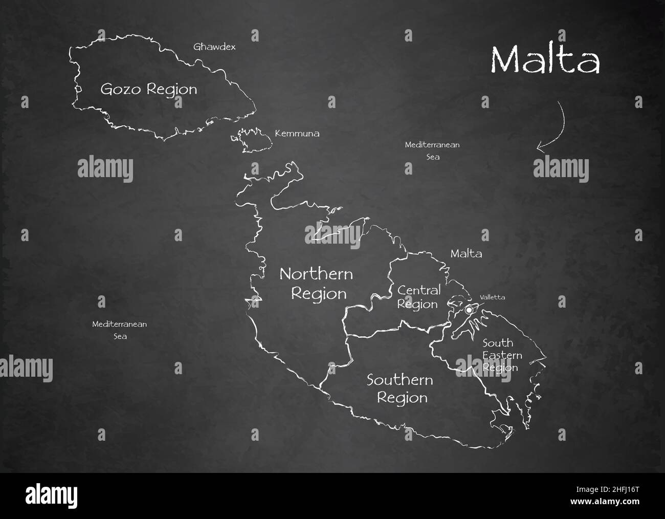 Malta map, Current regions and names, design card blackboard chalkboard ...