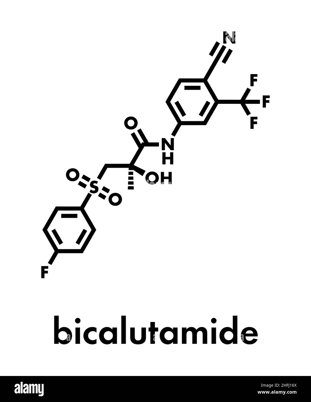 Bicalutamide prostate cancer drug (anti-androgen) molecule. Skeletal ...