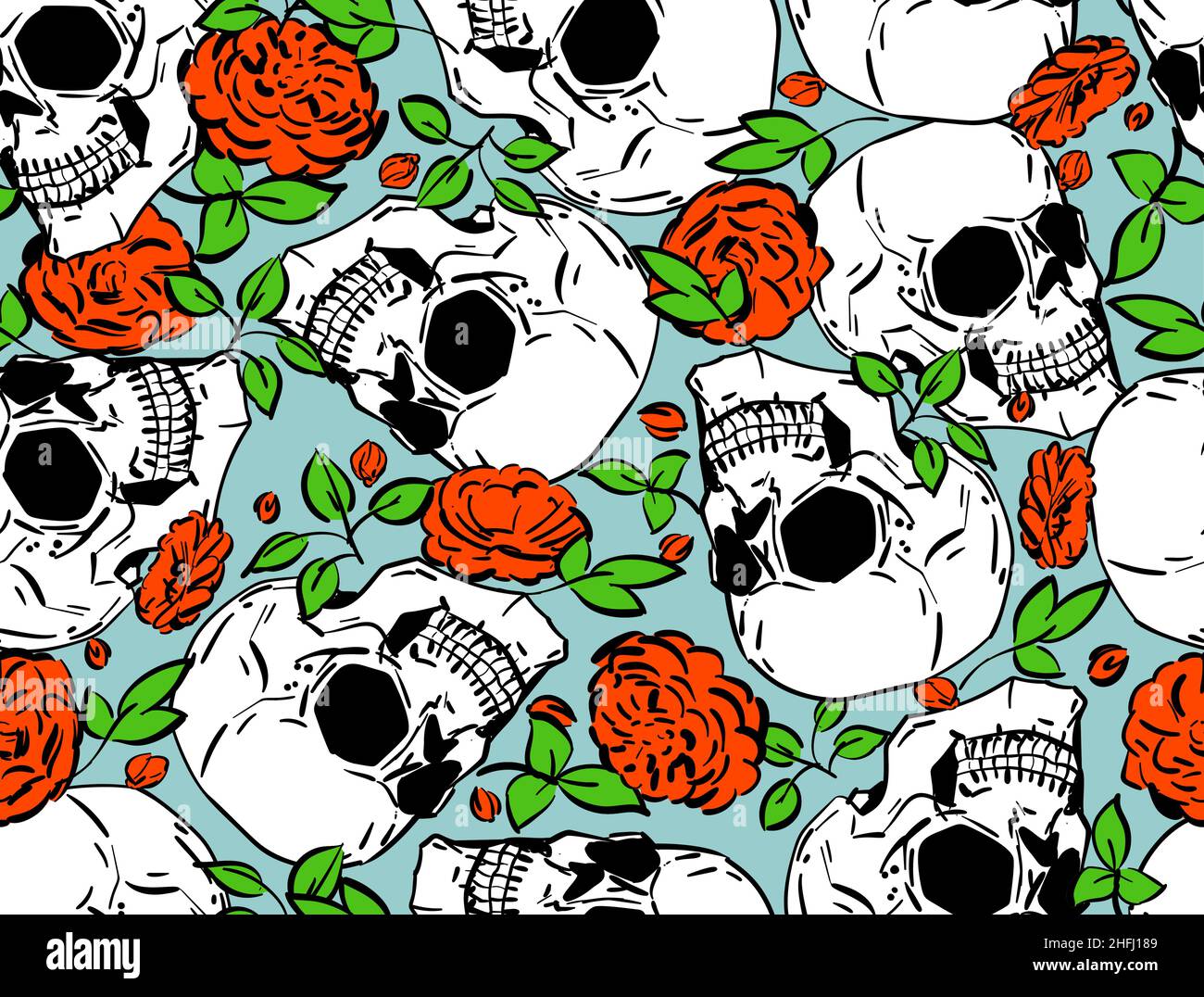 Skull and flower pattern seamless. Hand drawing Skeleton and roses ...