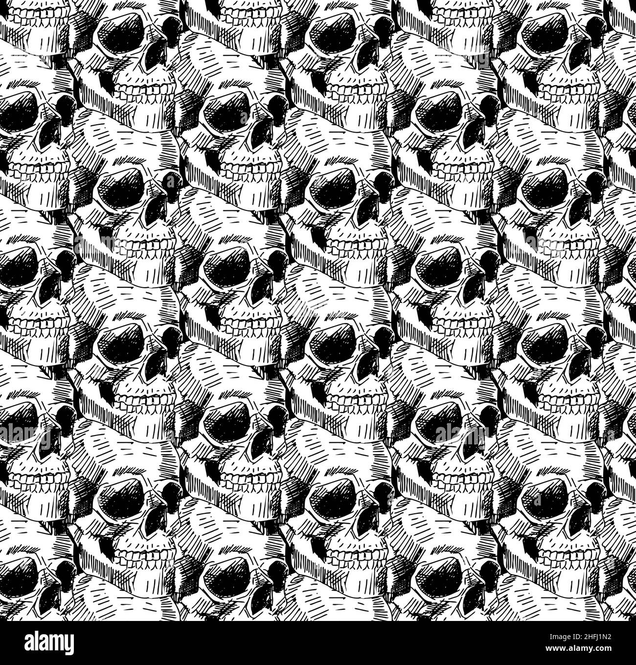 Skull pattern seamless. Hand drawing Skeleton head background. Death ...