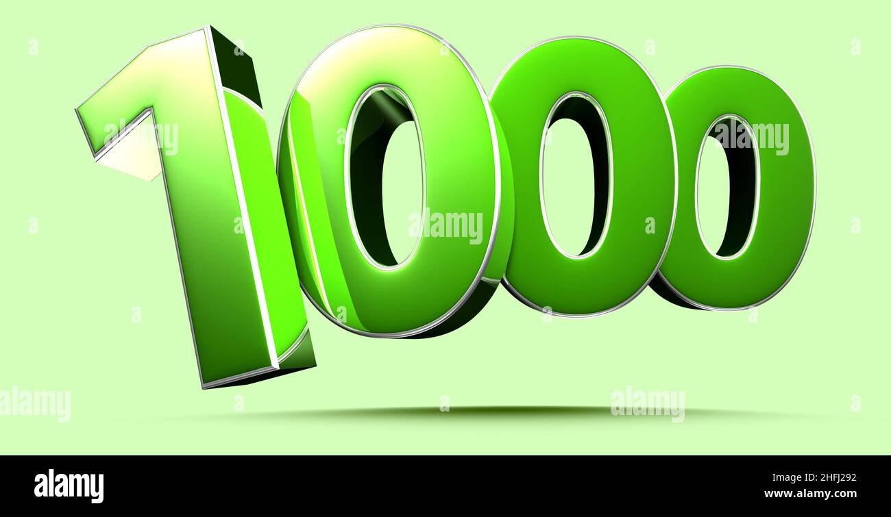 Number 1000 green 3D illustration light green background with clipping ...