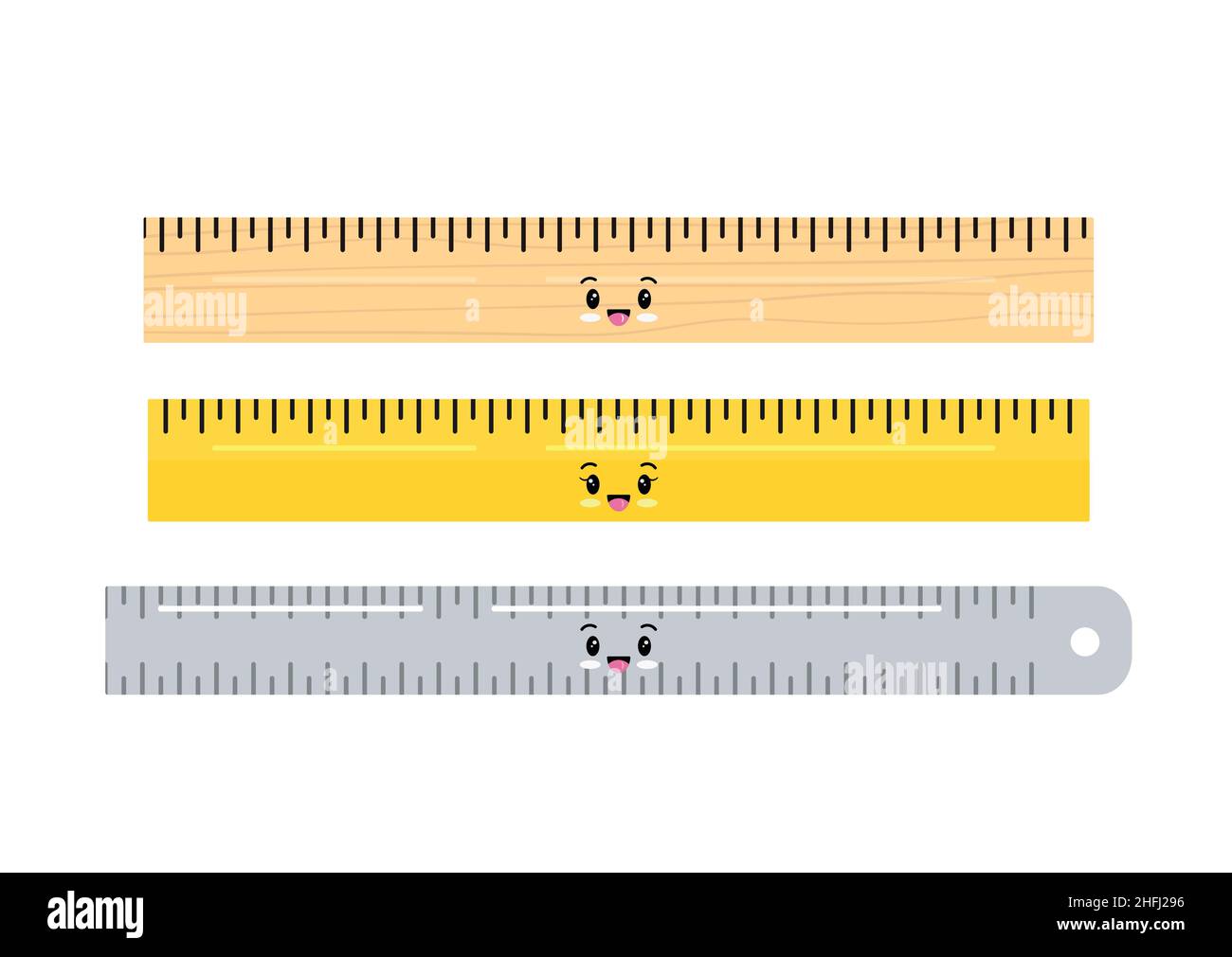 Cute ruler measure instrument kawaii emoji set isolated on a white ...
