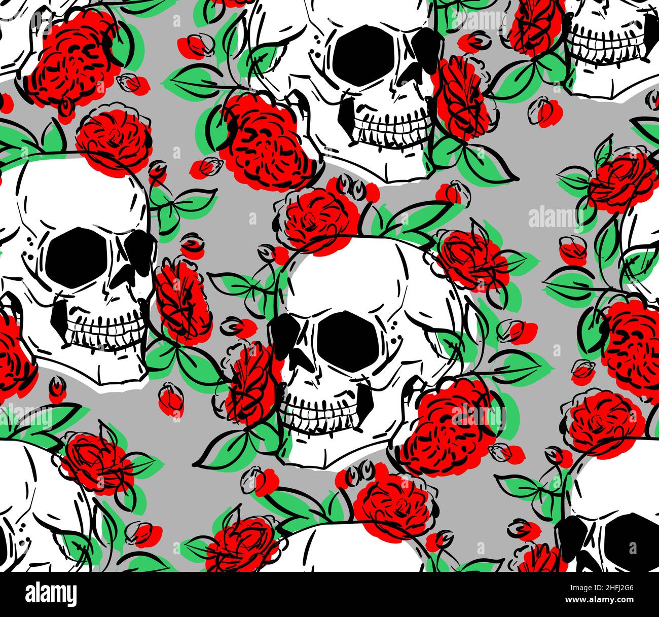 Skull and flower pattern seamless. Hand drawing Skeleton and roses ...