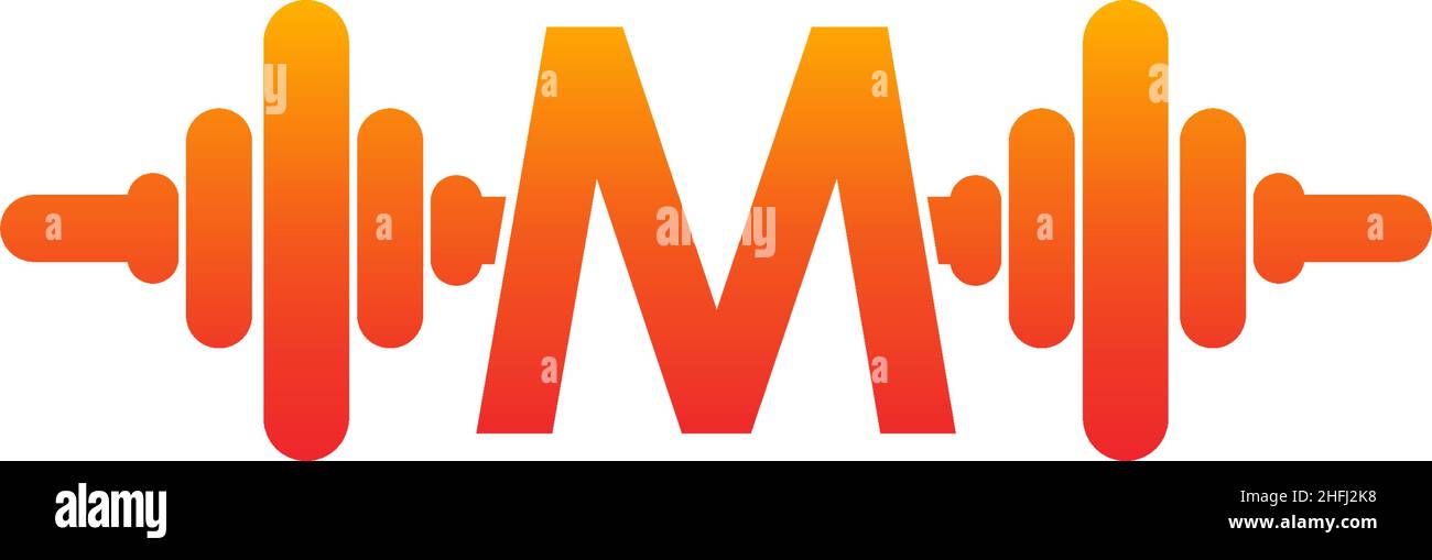 Letter M with barbell icon fitness design template illustration vector ...