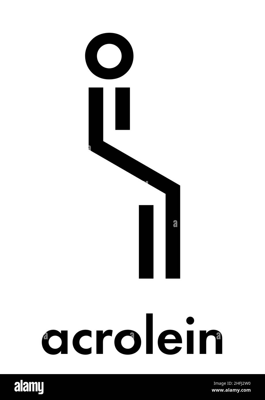 Acrolein (propenal) molecule. Toxic molecule that is formed when fat or ...
