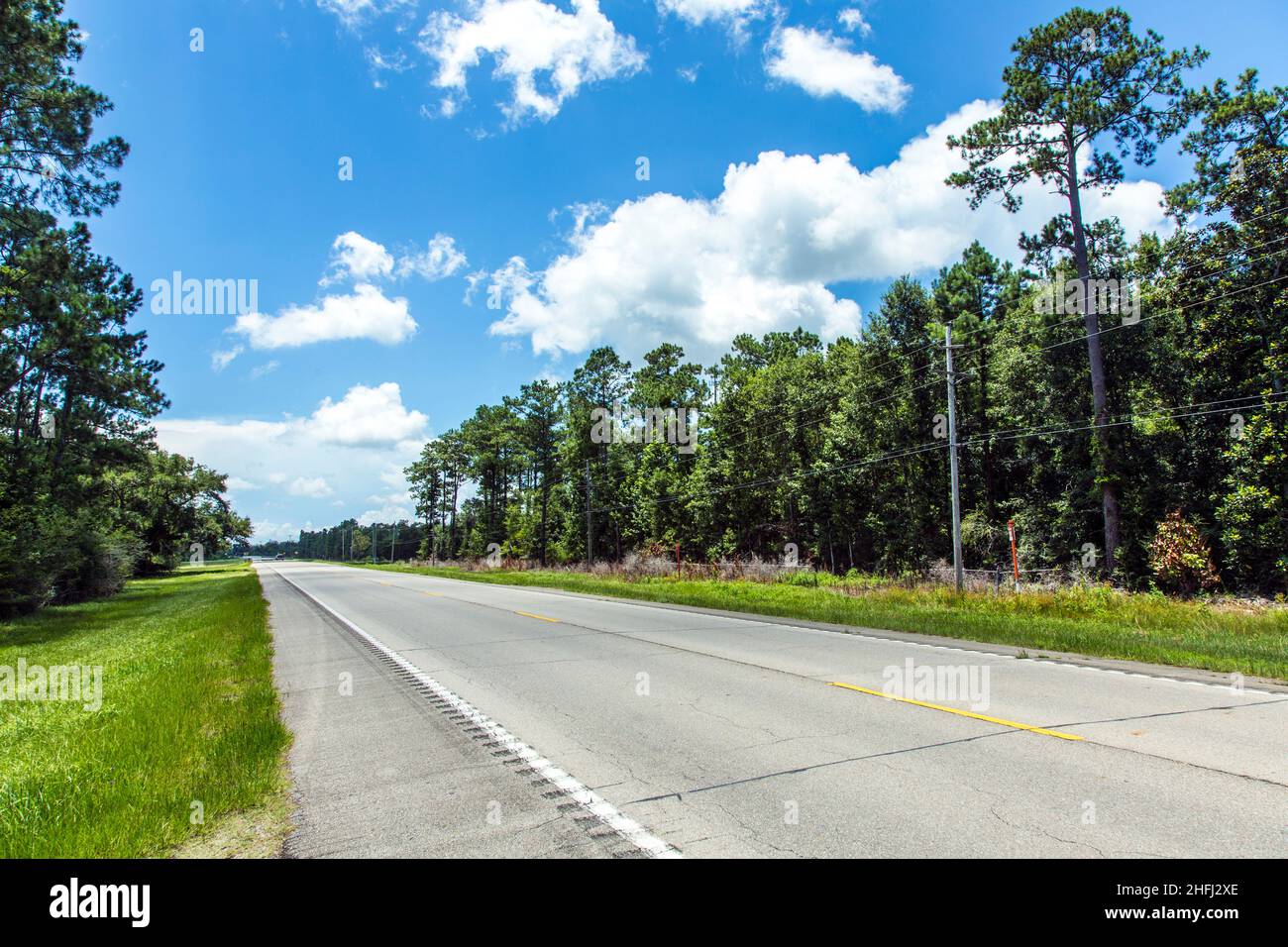 empty highway in america with trees and blue sky - travel symbol Stock ...