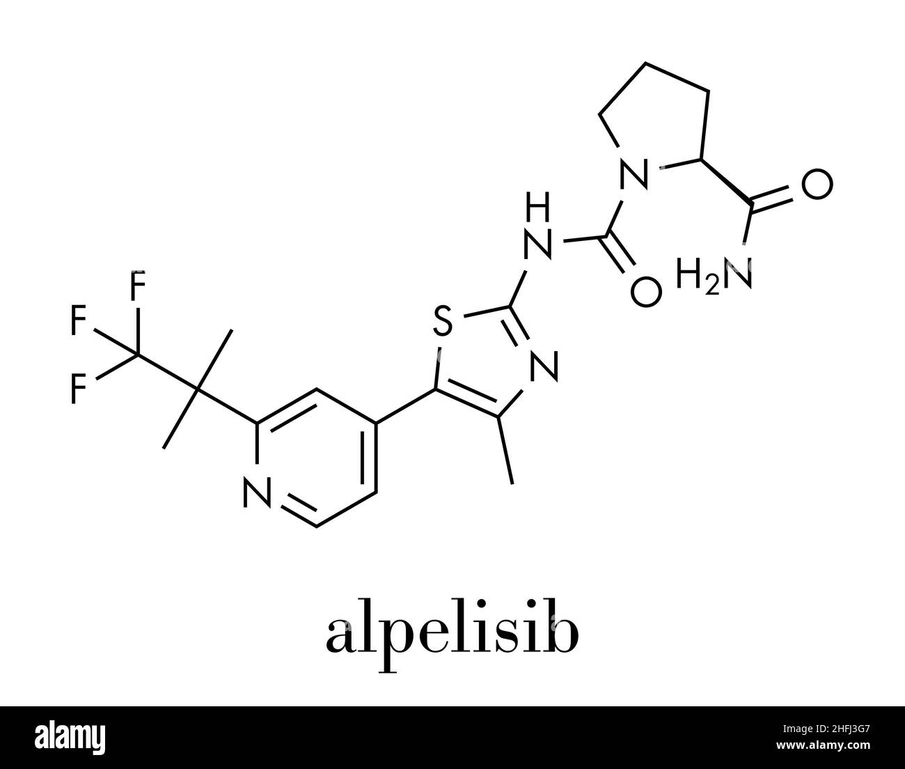 Alpelisib cancer drug molecule (PI3K inhibitor). Skeletal formula Stock ...