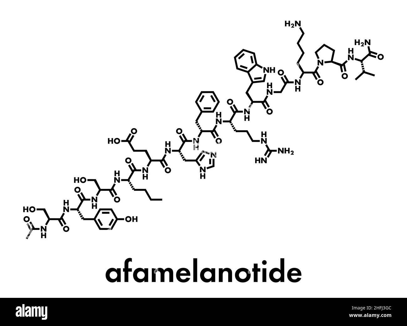 Afamelanotide (melanotan-1) photoprotective drug molecule. Skeletal ...