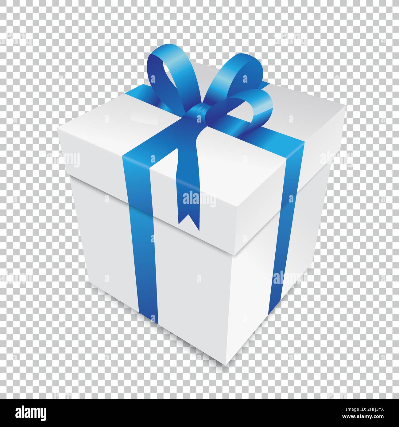 Gift box with blue open ribbon on checked transparent background ...