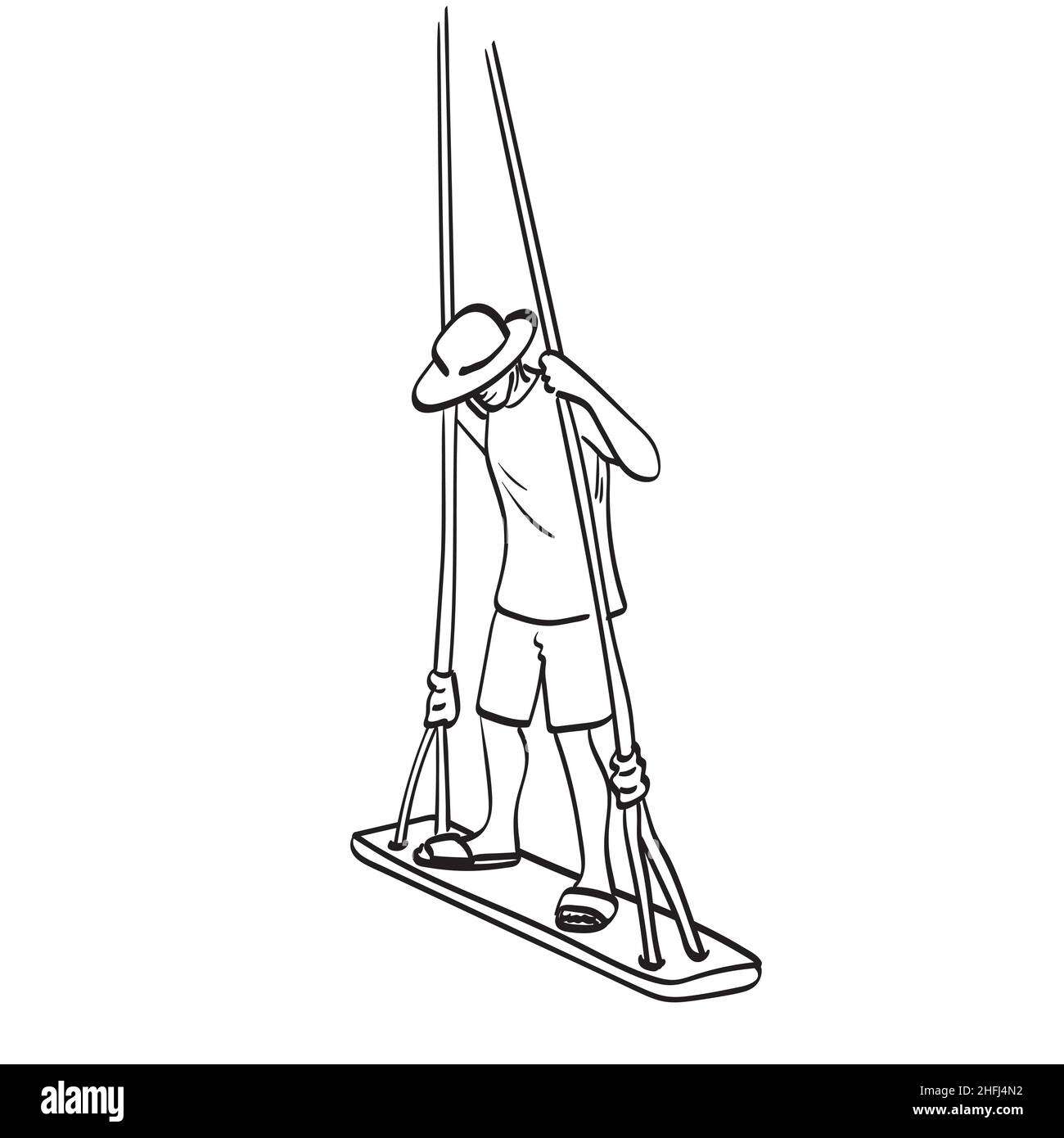 man standing on wooden swing illustration vector hand drawn isolated on ...