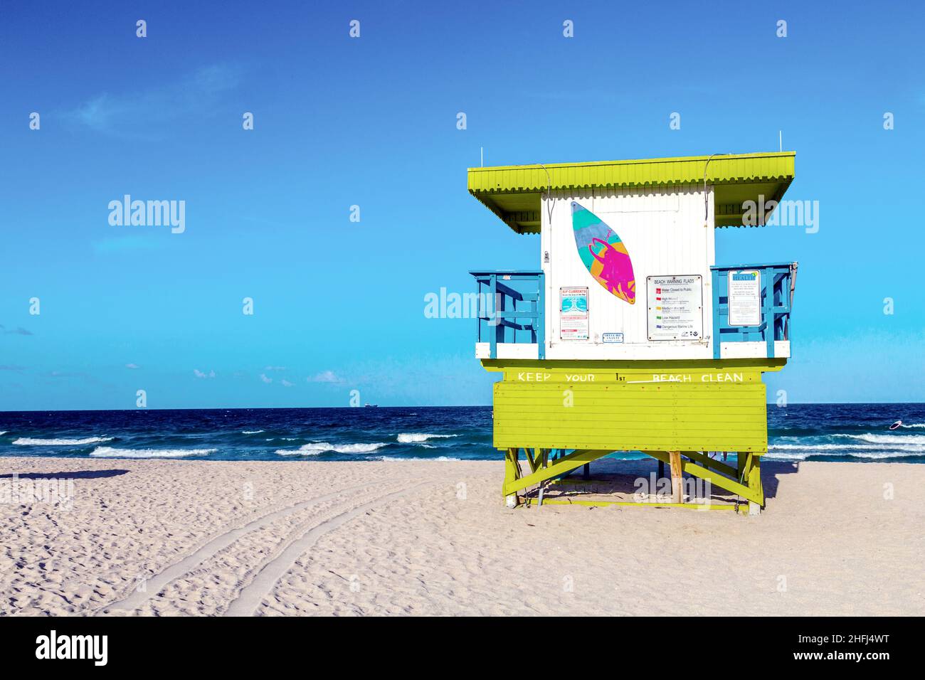 colorful lifeguard tower in Miami Beach, Florida with blue sky and ...