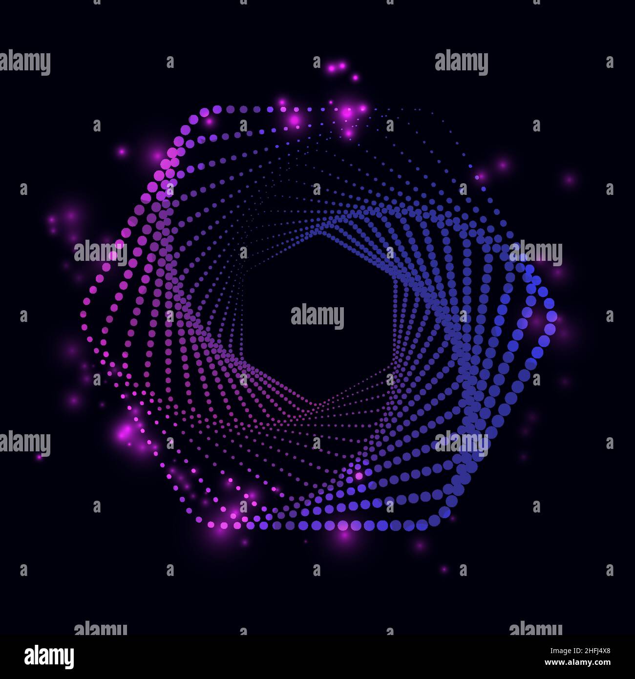 Abstract spiral honeycomb shape made of halftone dots, violet blue ...