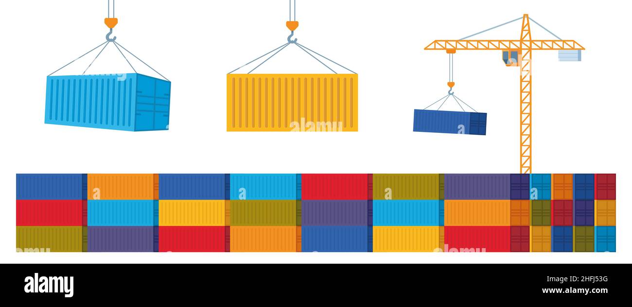 Crane lifts with cargo container. Industrial crane hook and stack of ...