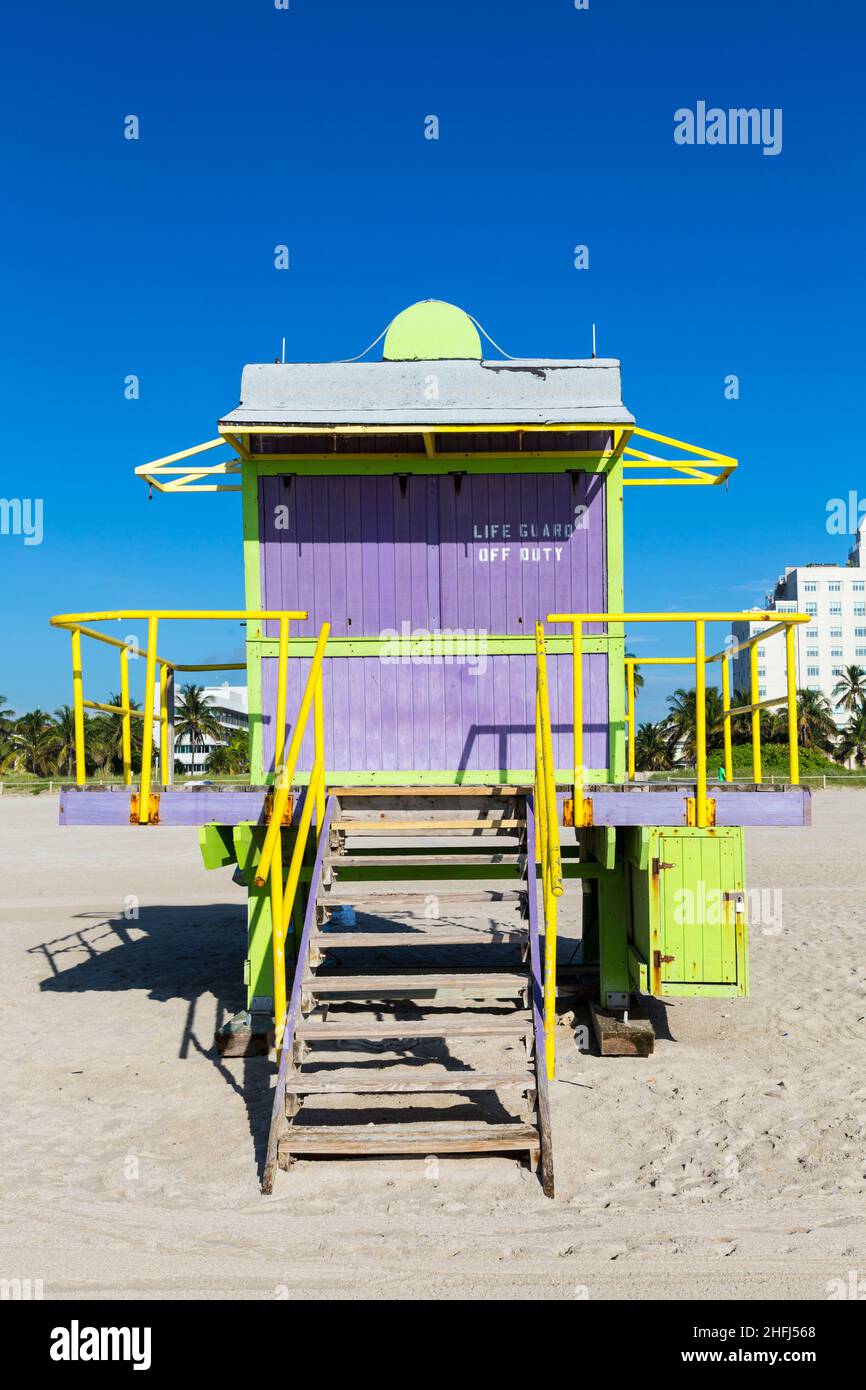 Lifeguard cabin on empty beach, Miami Beach, Florida, USA, safety ...