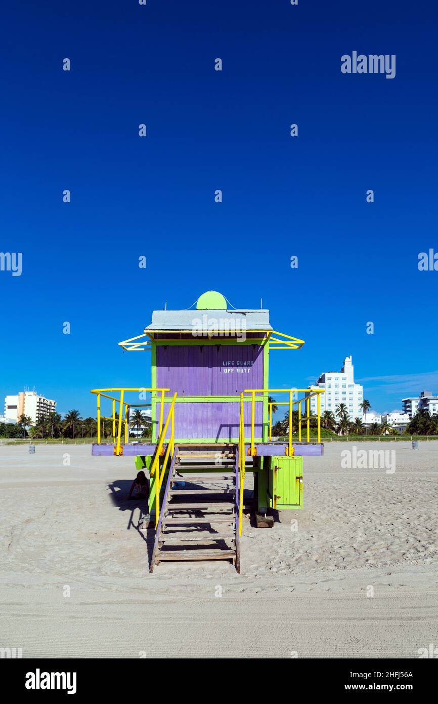 Lifeguard cabin on empty beach, Miami Beach, Florida, USA, safety ...