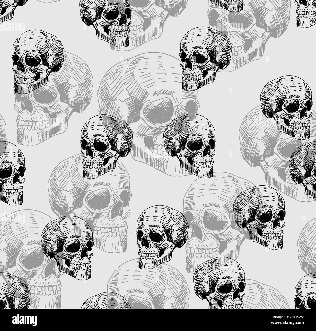Skull Hand drawing pattern seamless. Skeleton head background. Death ...