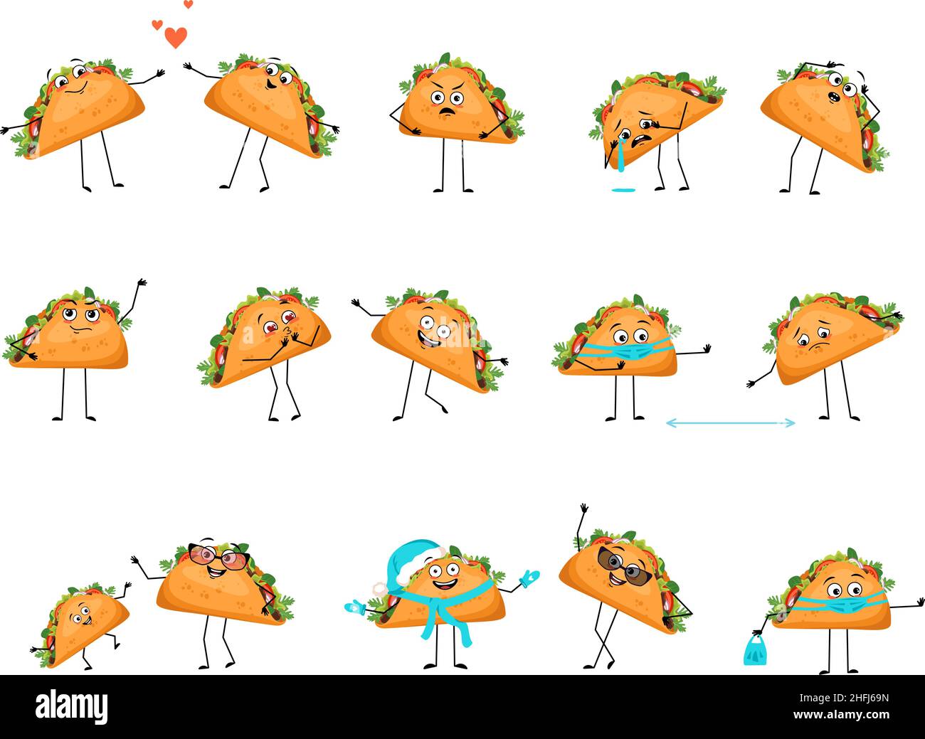 Cute character mexican taco with happy or sad emotions, panic, loving ...