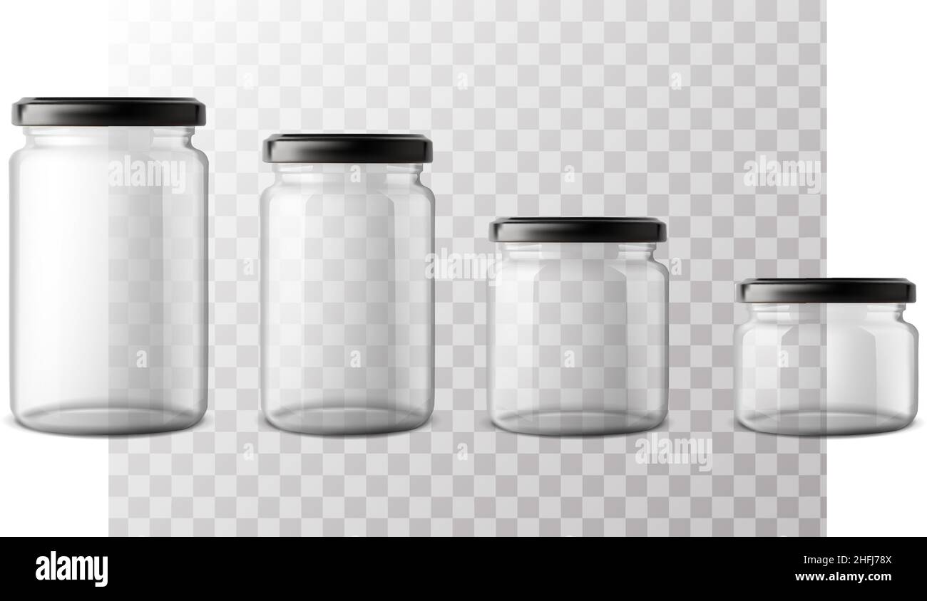 3d realistic vector icon. Set of glass jars. Transparent bottle in ...