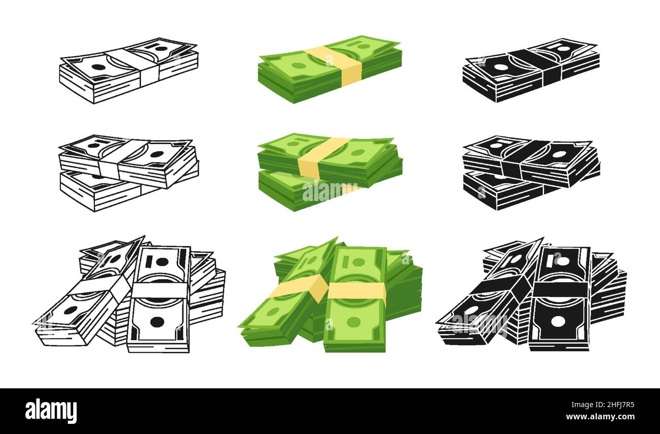 Money cash dollar pile cartoon or stamp, doodle outline set. Heap bank ...