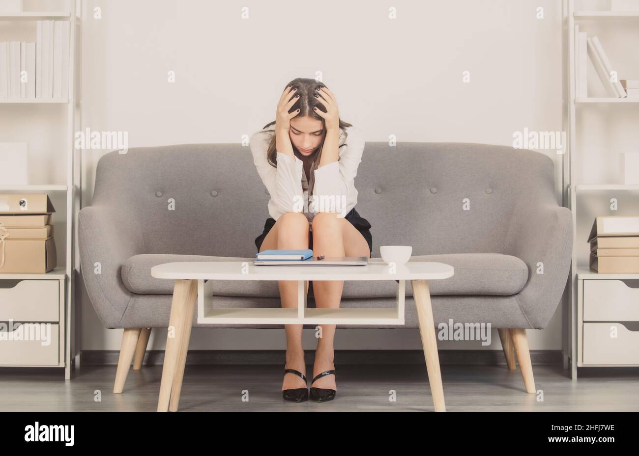 Sad busy secretary, stressed overworked business woman too much work ...