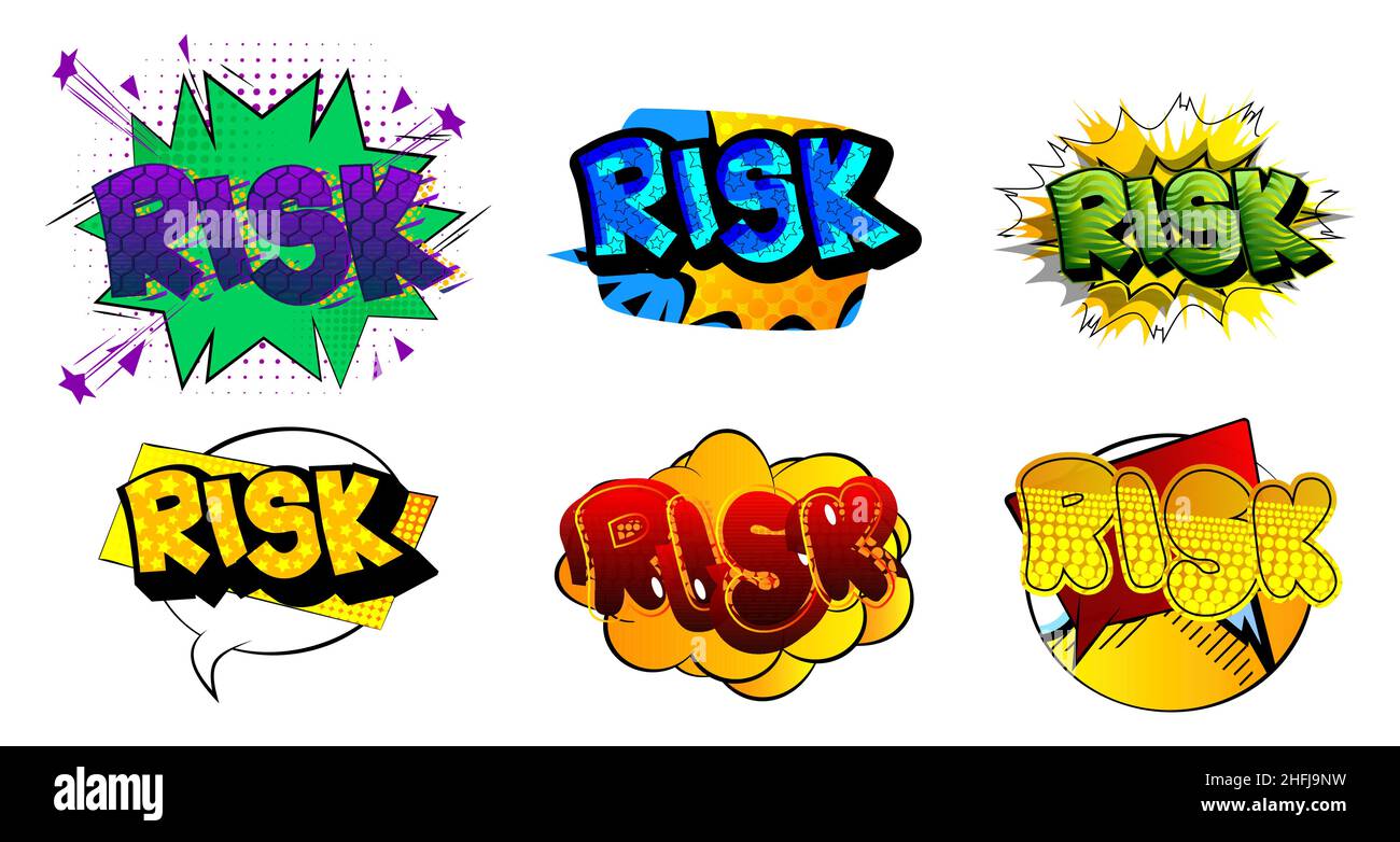 Risk. Comic book word text on abstract comics background. Retro pop art ...