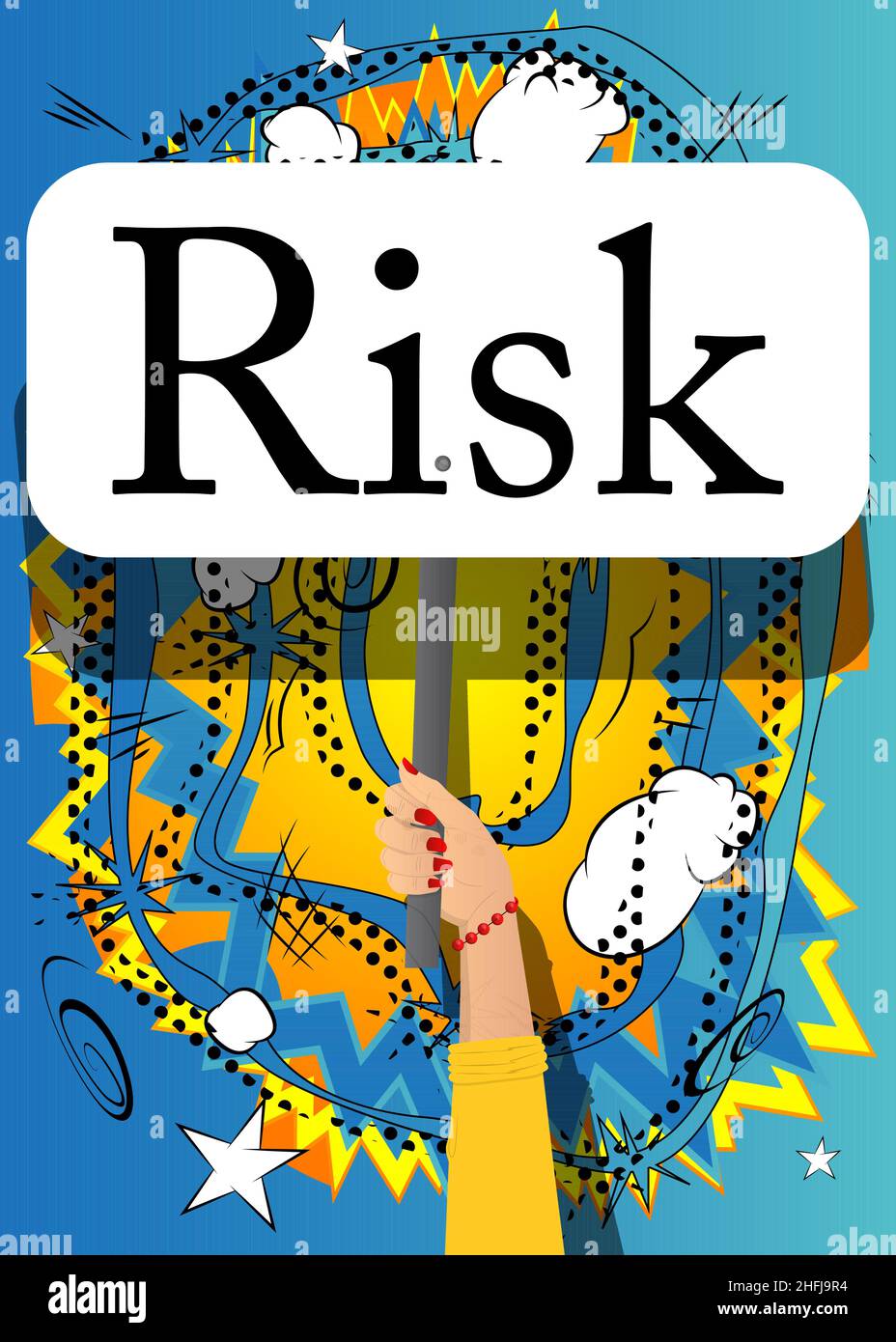 Hand holding up a banner with Risk text. Showing billboard banner, sign ...
