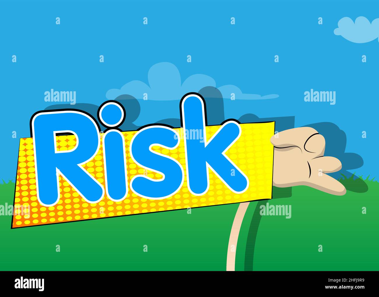 Hand holding up a banner with Risk text. Showing billboard banner, sign ...