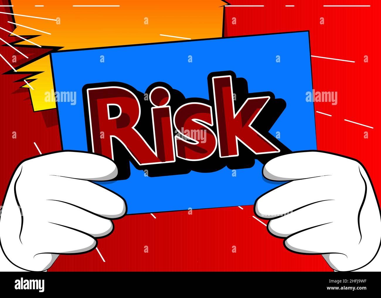 Hand holding up a banner with Risk text. Showing billboard banner, sign ...