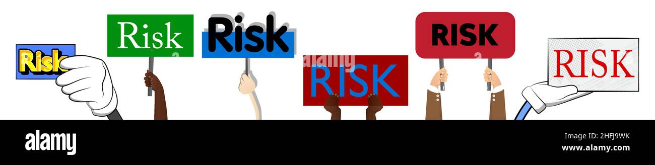 Hand holding up a banner with Risk text. Showing billboard banner, sign ...