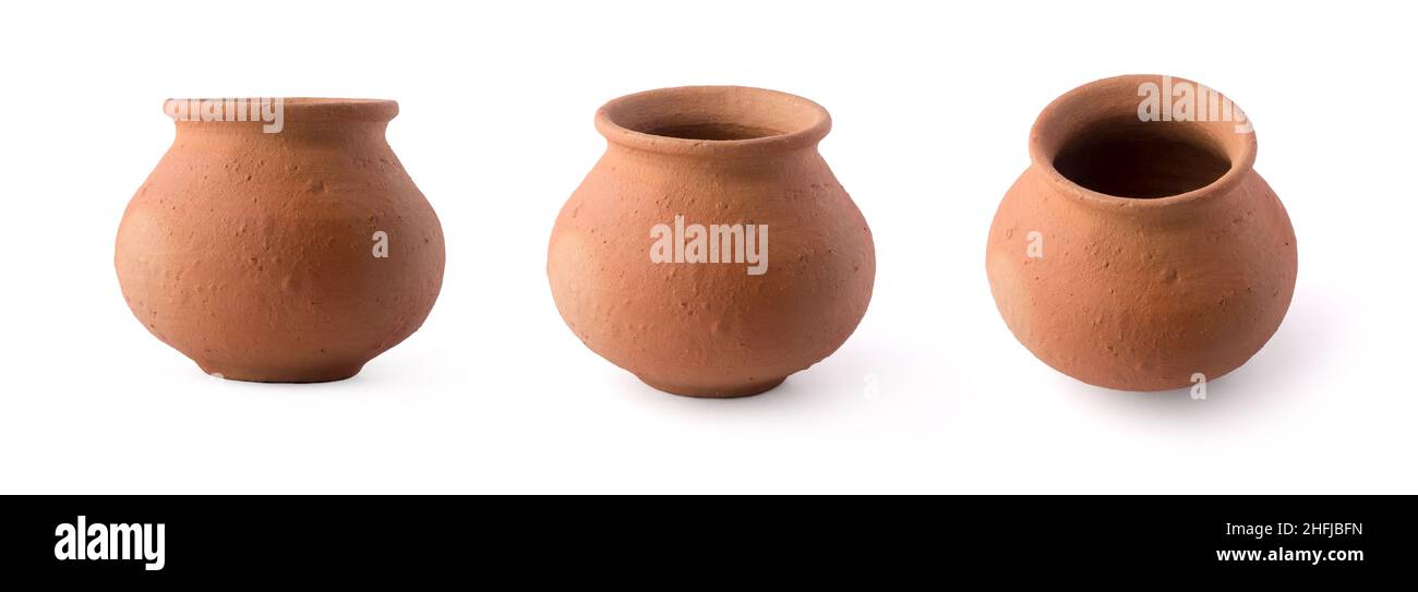 collection of empty clay pots isolated on white background, earthenware ...