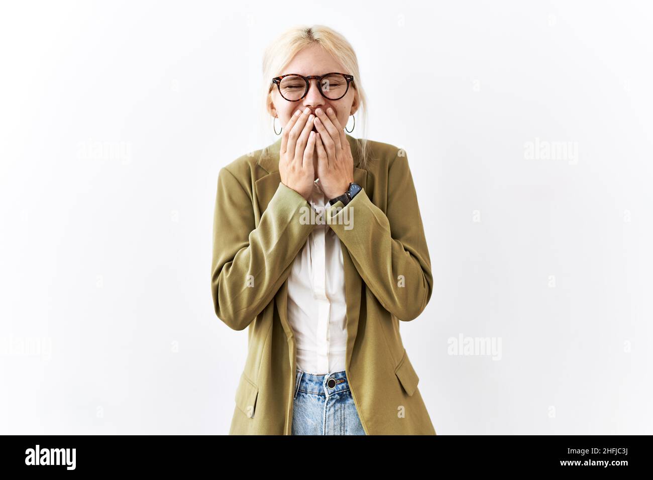 Beautiful caucasian business woman standing over isolated background ...