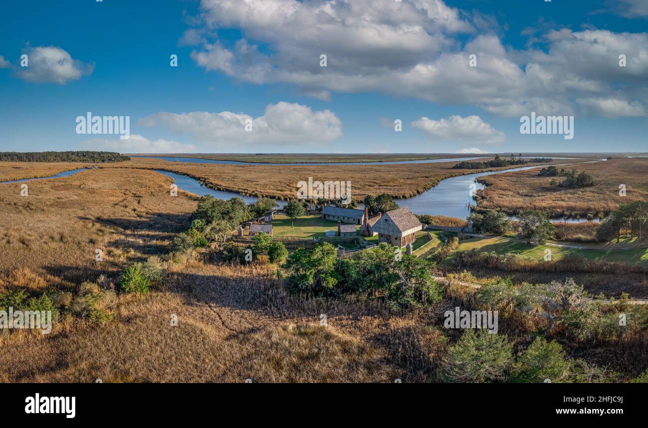 Aerial view of Fort King George historic site, oldest English fort on ...