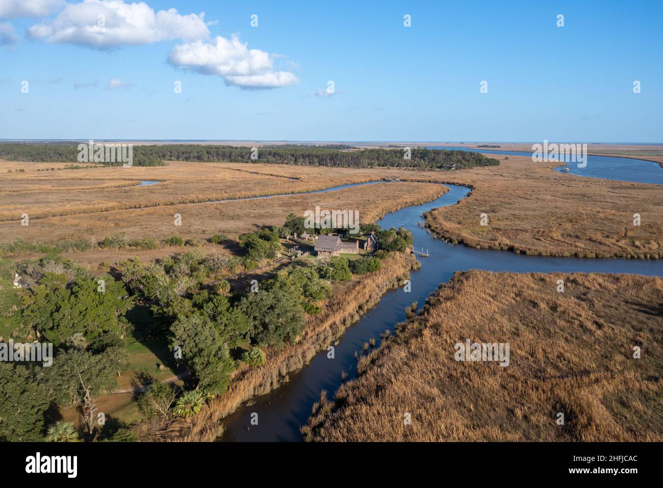 Aerial view of Fort King George historic site, oldest English fort on ...